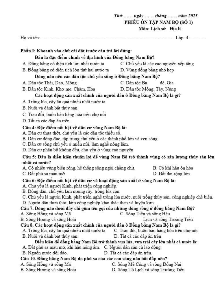 LSĐL - Nam B - Phieu 1 | PDF