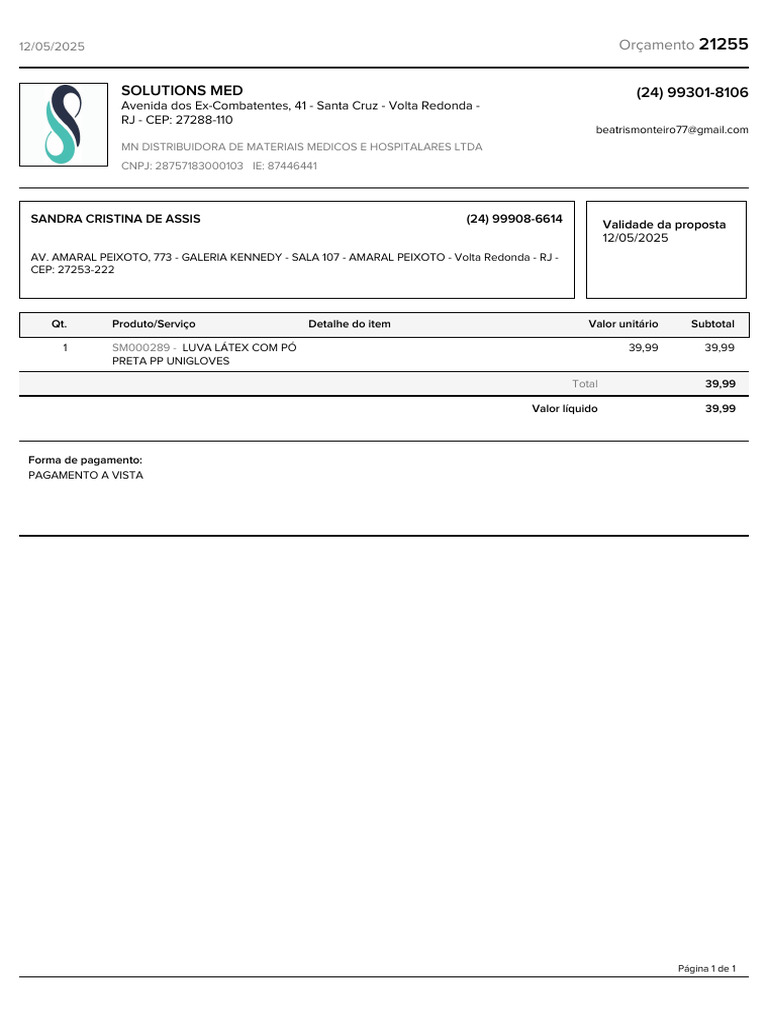 Sandra Cristina de Assis - 12-05-2025 - Orcamento21255 | PDF