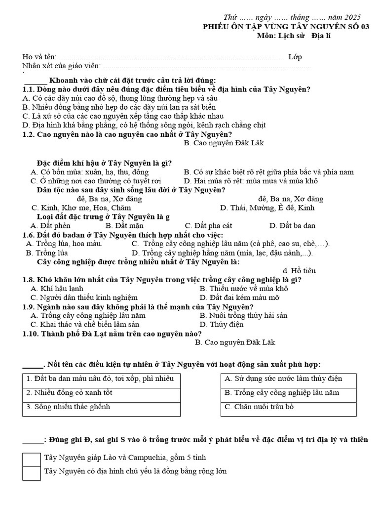 LSDL_Tây Nguyên_phieu 3 | PDF