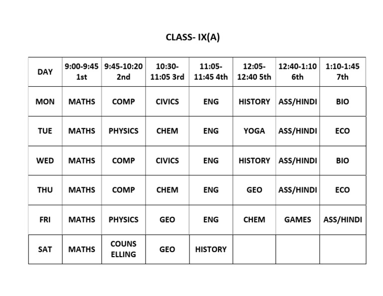 Class IX (A) - Time Table-1 | PDF