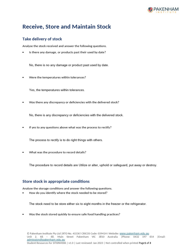 Stock Receiving and Maintenance Guide | PDF | Food Safety | Food Industry