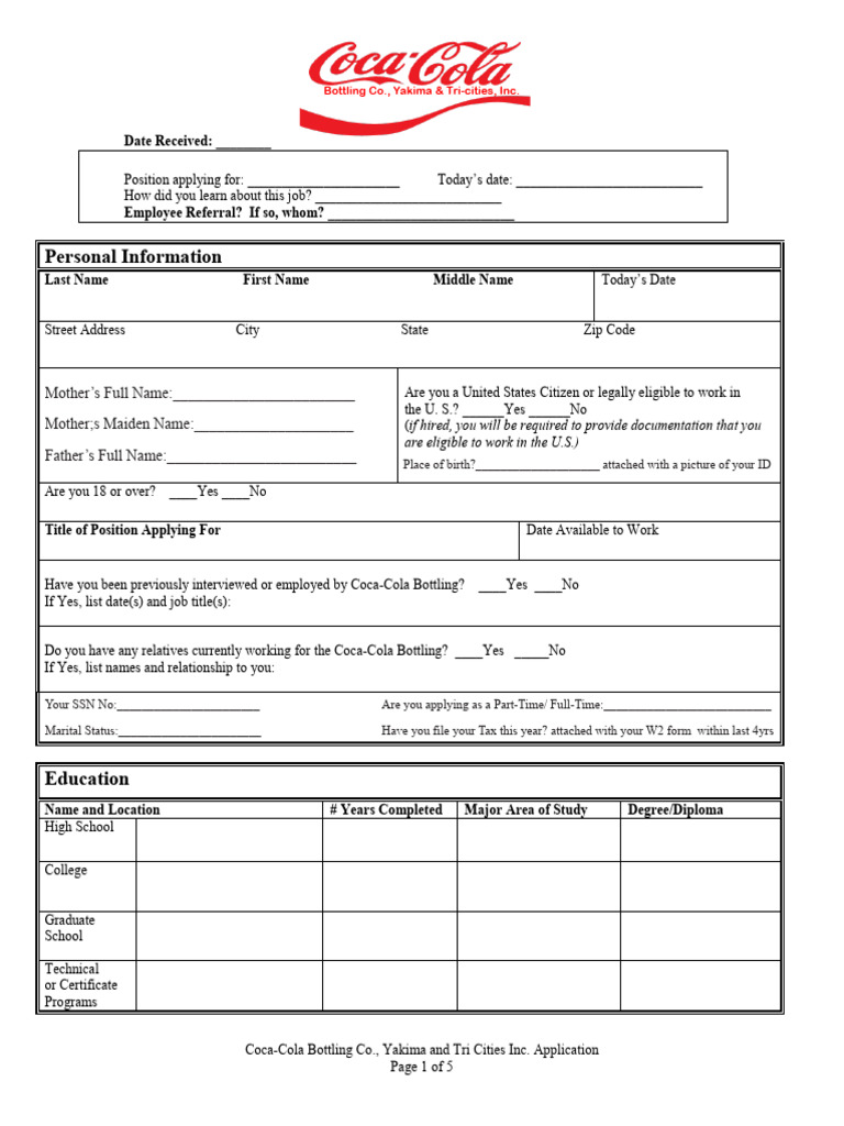 Coca-Cola Job Application Form | PDF | Race And Ethnicity In The United ...