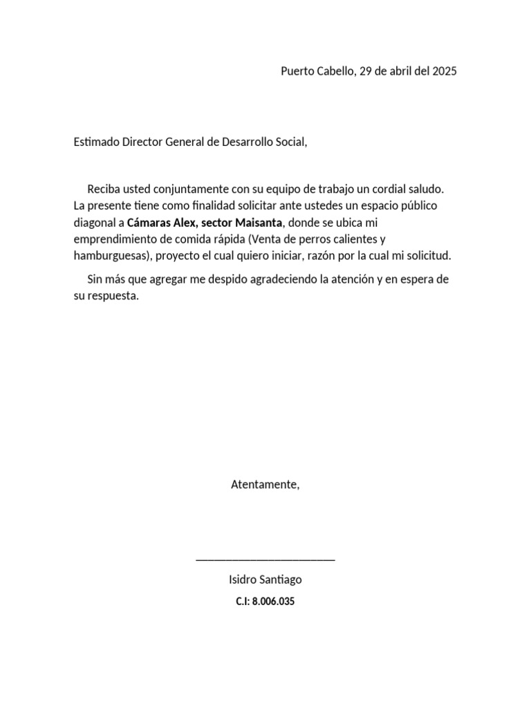 Carta de Solicitud de Permiso de Espacio | PDF