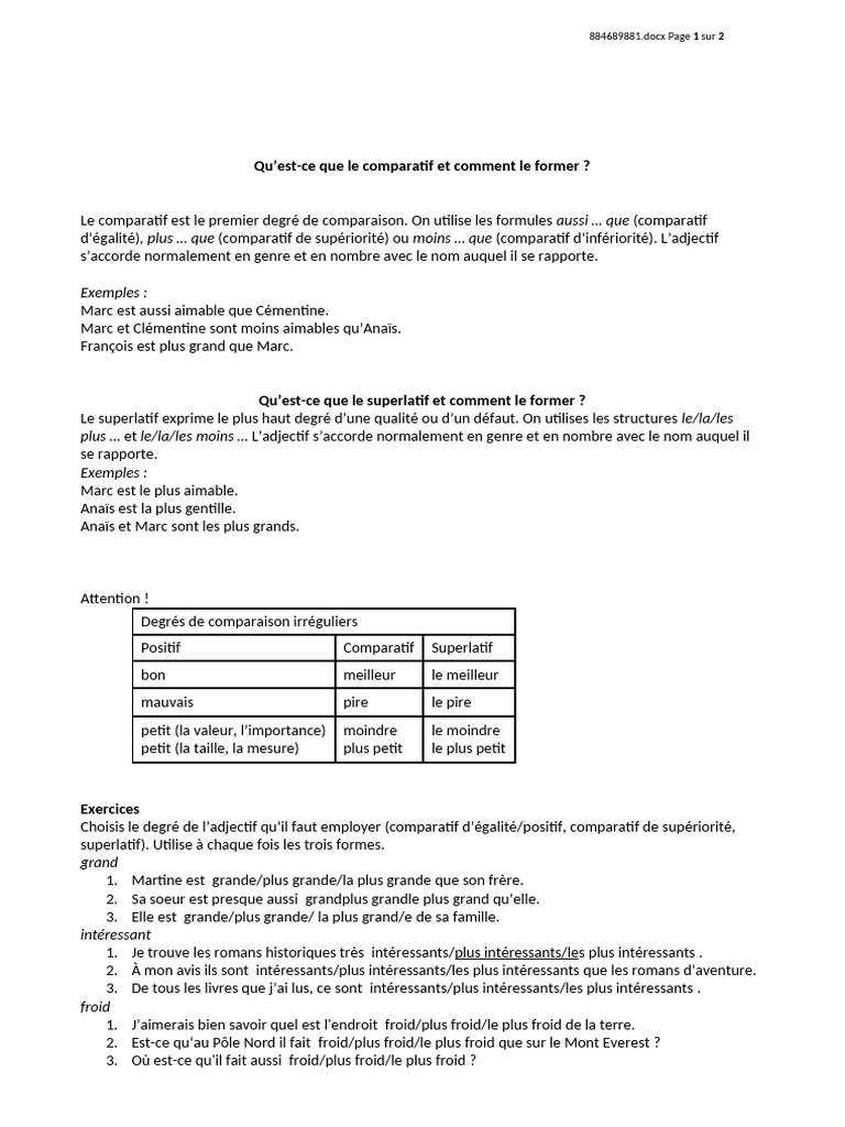 Exercices sur comparatif et superlatif | PDF