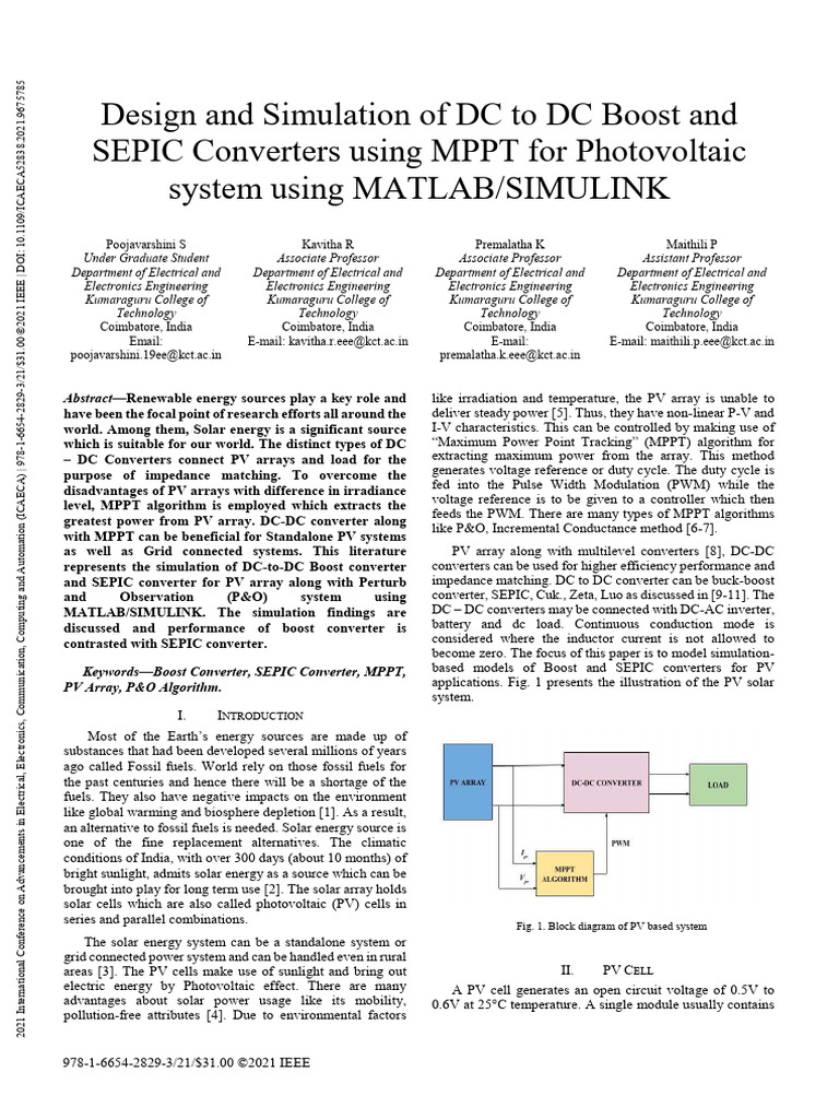 Design and Simulation of DC To DC Boost and SEPIC Converters Using MPPT For Photovoltaic System ...