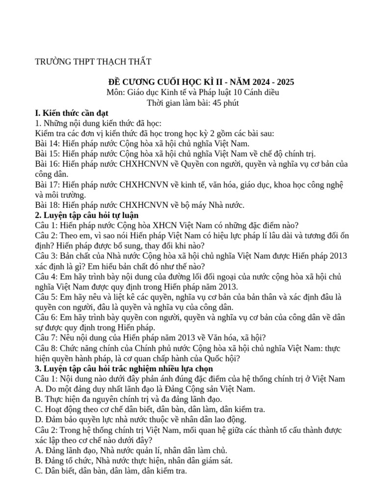 ĐỀ CƯƠNG ÔN TẬP CUỐI KỲ II MÔN GDKT &PL LỚP 10 | PDF