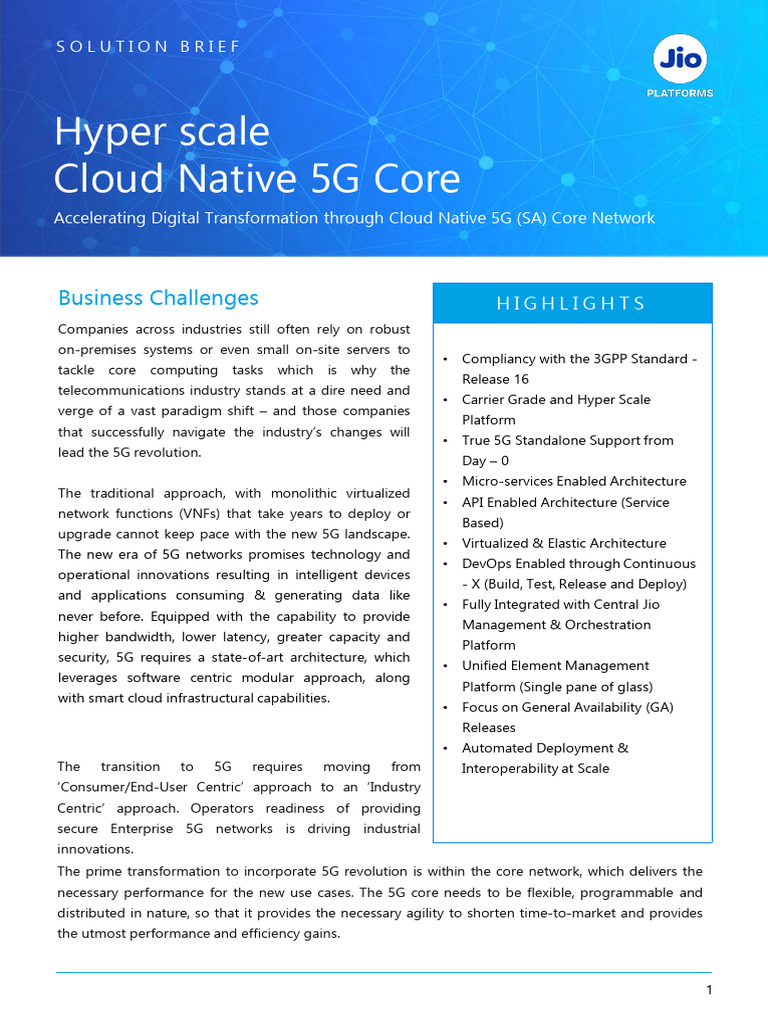 Jio Solution Brief Hyperscale Cloud Native 5g Core | PDF | Cloud Computing | Computer Network