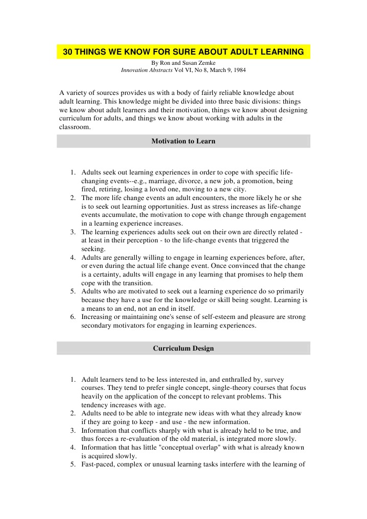 30 Things We Know For Sure About Adult Learning | PDF | Adult Education ...