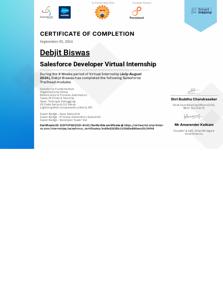 Debjit Biswas Salesforce Internship Certificate | PDF