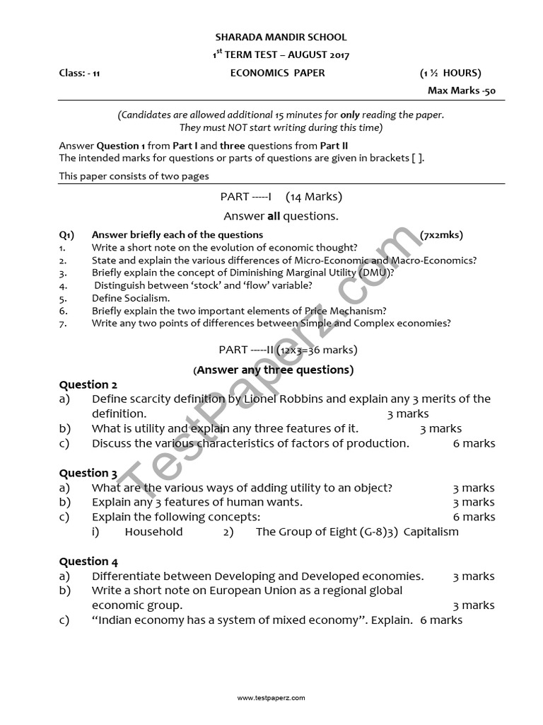 Sharada Mandir ISC Class11 Economics Term1 2017 | PDF | Economics ...