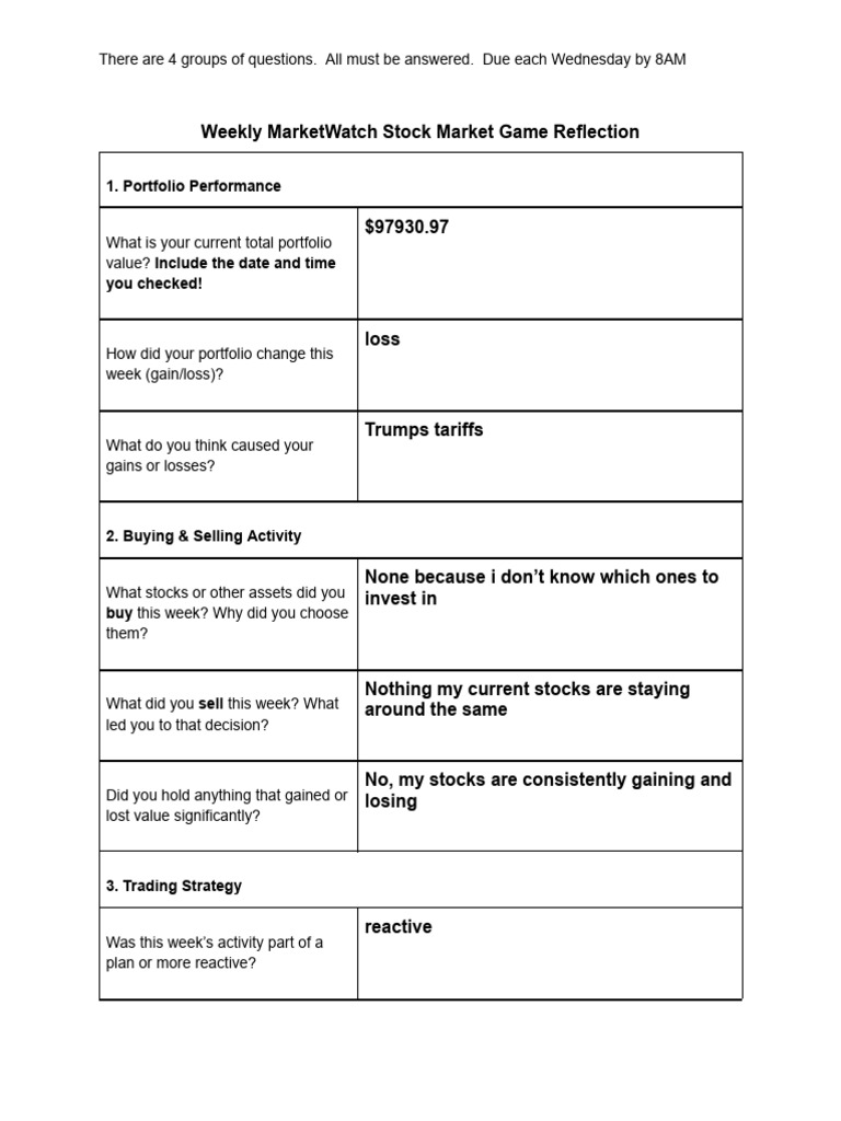 Weekly MarketWatch Stock Market Game Reflectinon | PDF