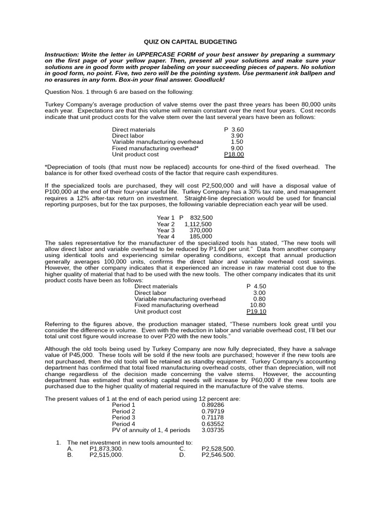 QUIZ-ON-CAPITAL-BUDGETING | PDF | Depreciation | Present Value