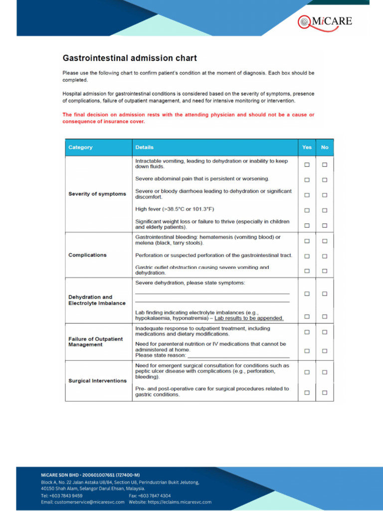 Checklist Gastrointestinal Admission | PDF