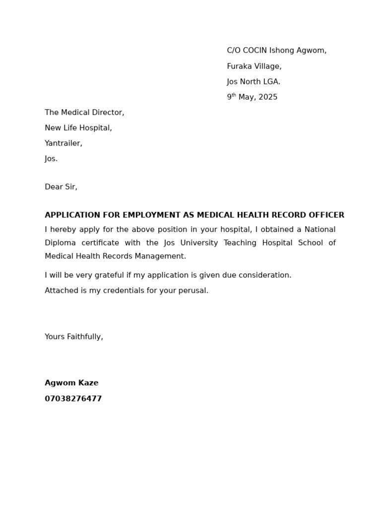Application For Employment As Medical Health Record Officer | PDF