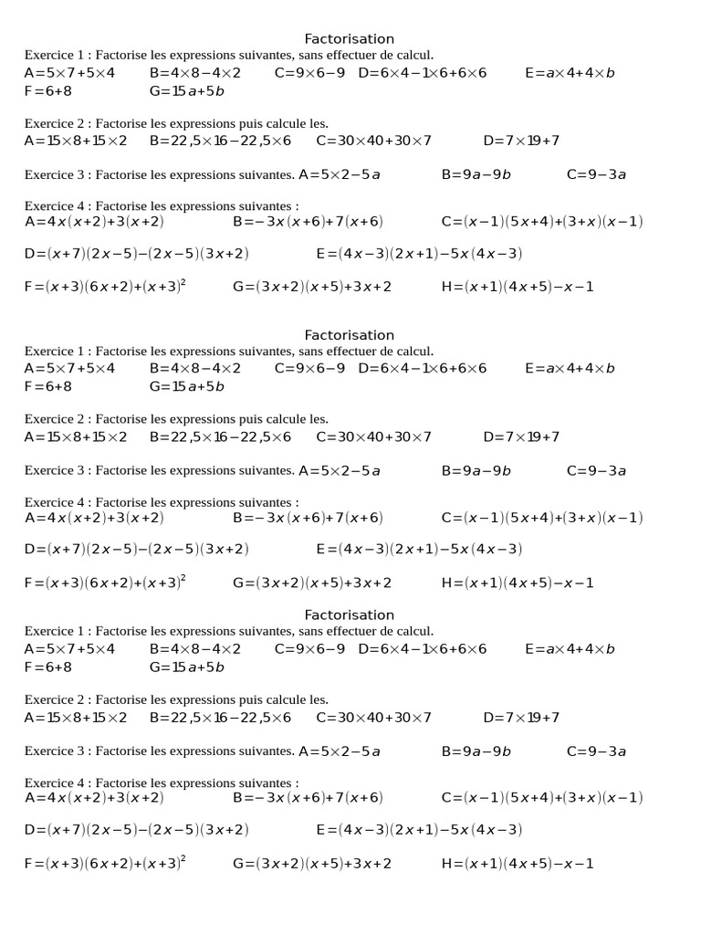 Exercices de Factorisation Mathématique | PDF