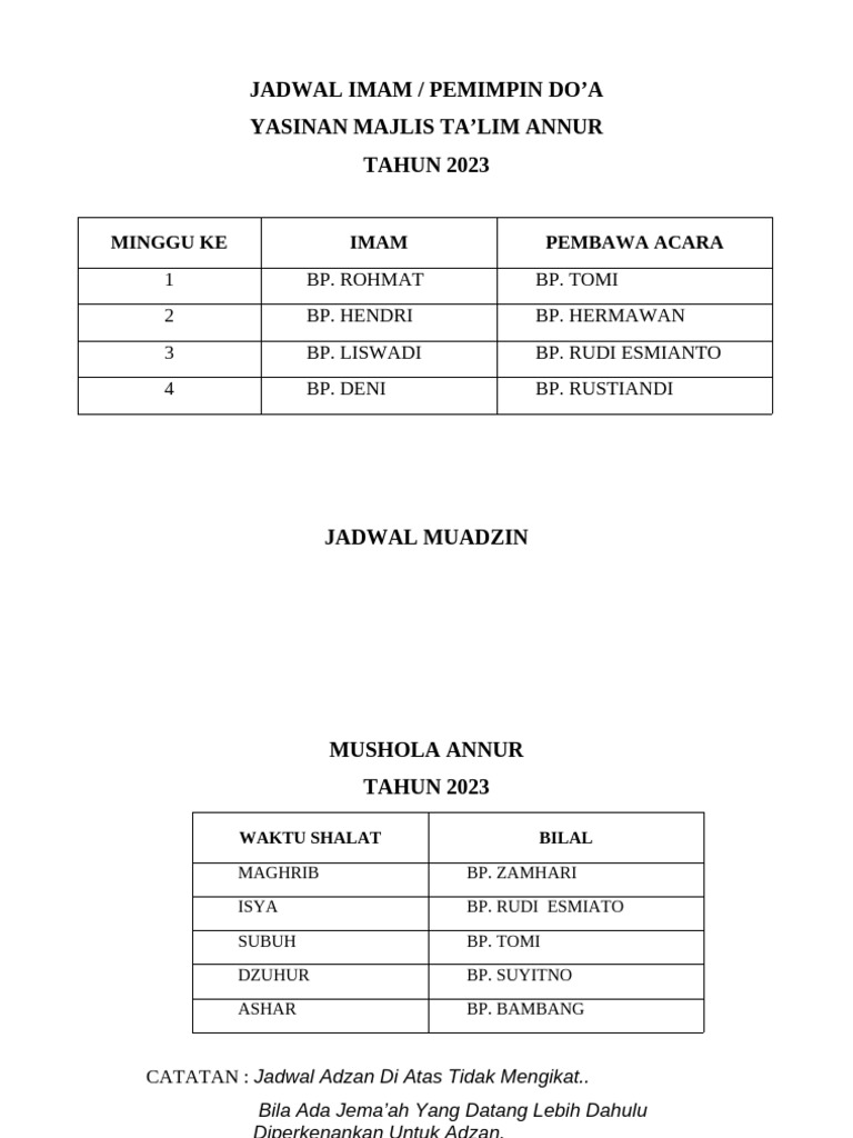 Jadwal Imam Majlis Ta'Lim | PDF