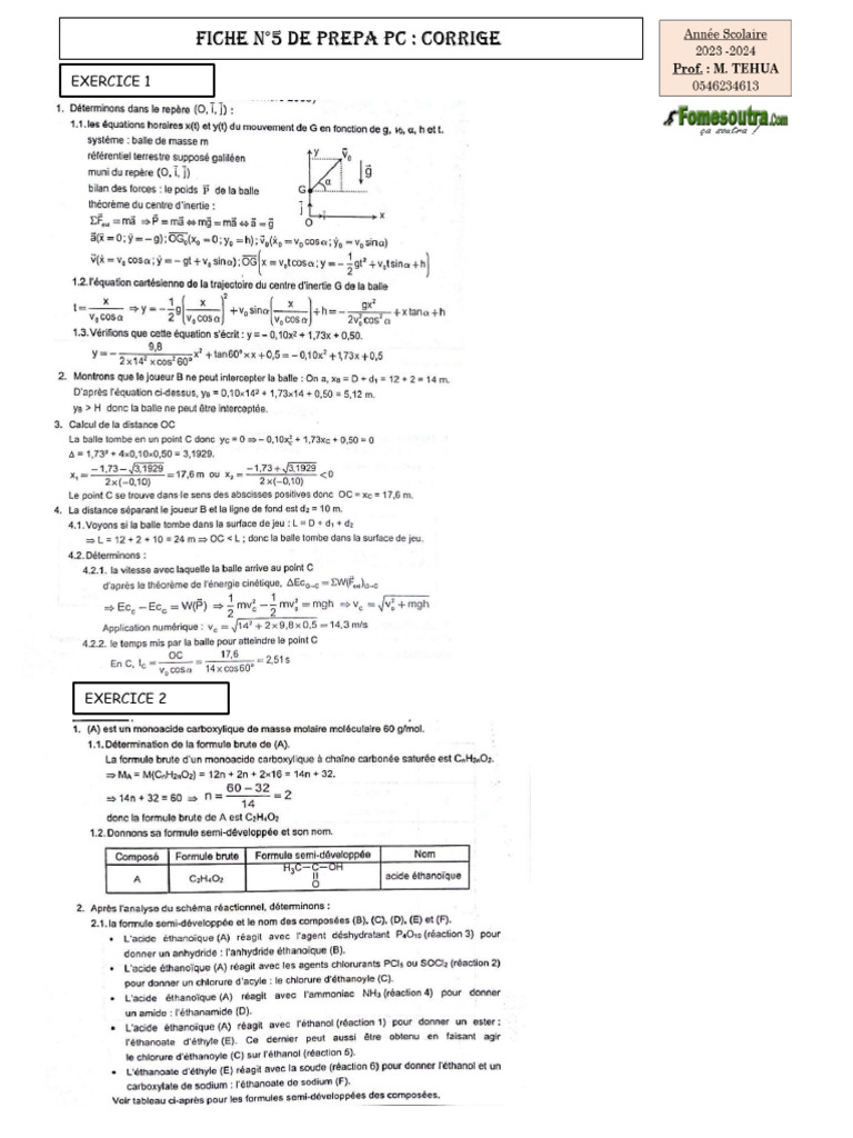 PREPA PC Fiche 5 CORRIGE | PDF