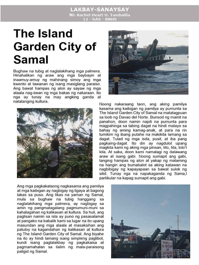 Lakbay-Sanaysay NG Samal Island Ni Rachel Tamz | PDF