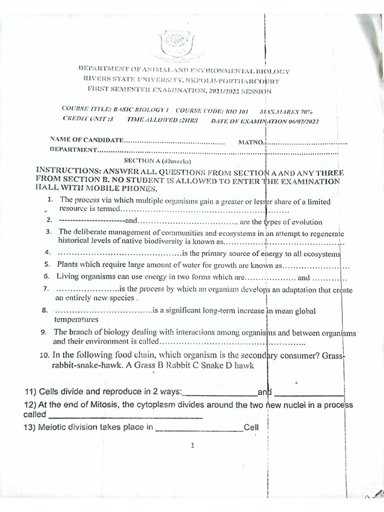 Bio 101 Exam Past Questions-1 | PDF