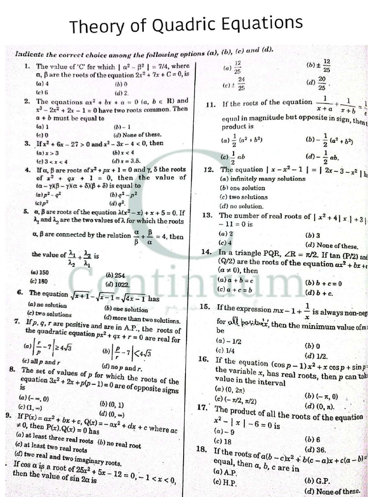 Theory of Quadratic Equations Mcqs | PDF