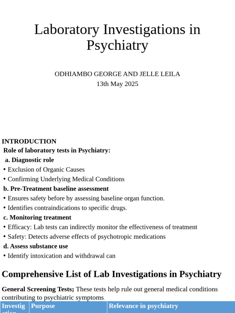 Essential Lab Tests in Psychiatry | PDF | Antipsychotic | Clozapine