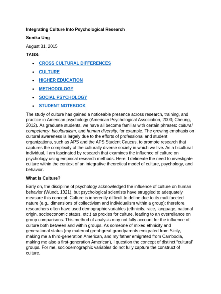 Integrating Culture in Psychology Research | PDF | Psychology ...