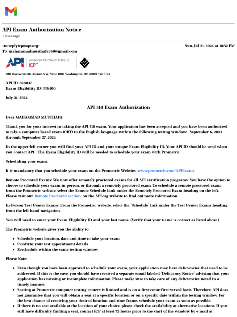 API Exam Authorization Notice | PDF