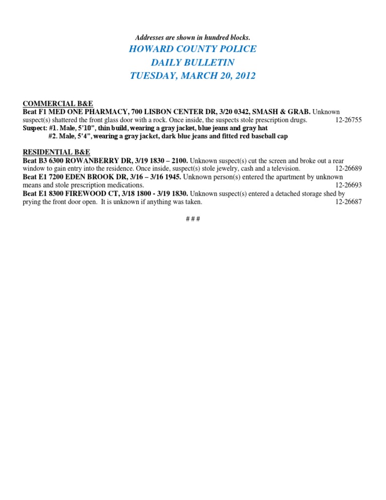 Howard County Police Daily Bulletin | PDF | Politics | Mystery ...