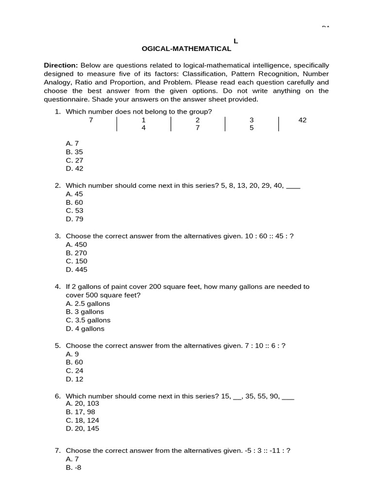 (Revised) Logical Mathematical Questionnaire | PDF | Questionnaire