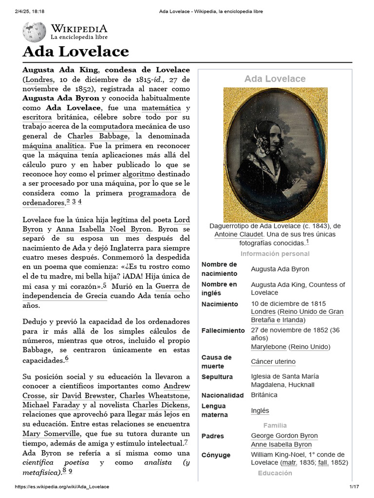 Ada Lovelace - Wikipedia, La Enciclopedia Libre | PDF | Informática