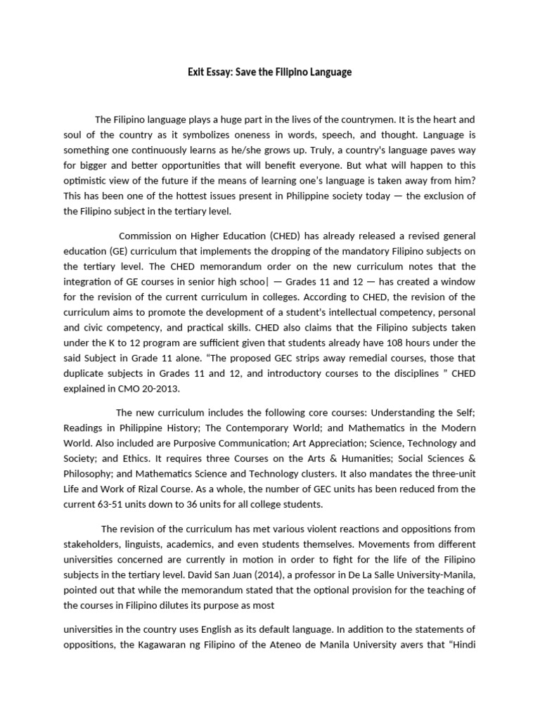 Exit Essay (Save The Filipino Language) | PDF | Curriculum | Human ...