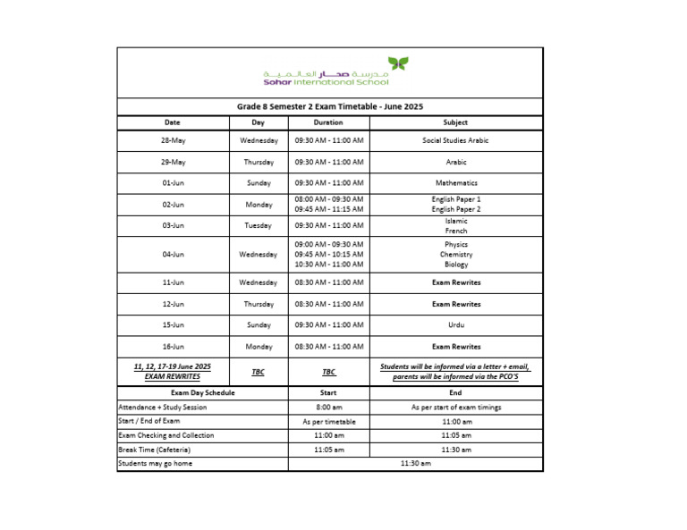 Grade 8 - Semester 2 Exam Timetable May June 2025 | PDF | Academic Term | Educational Stages