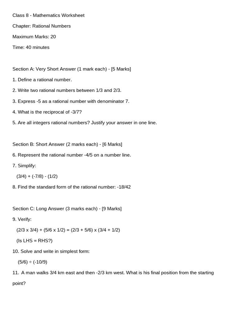 Rational Numbers Worksheet Class8-1 | PDF