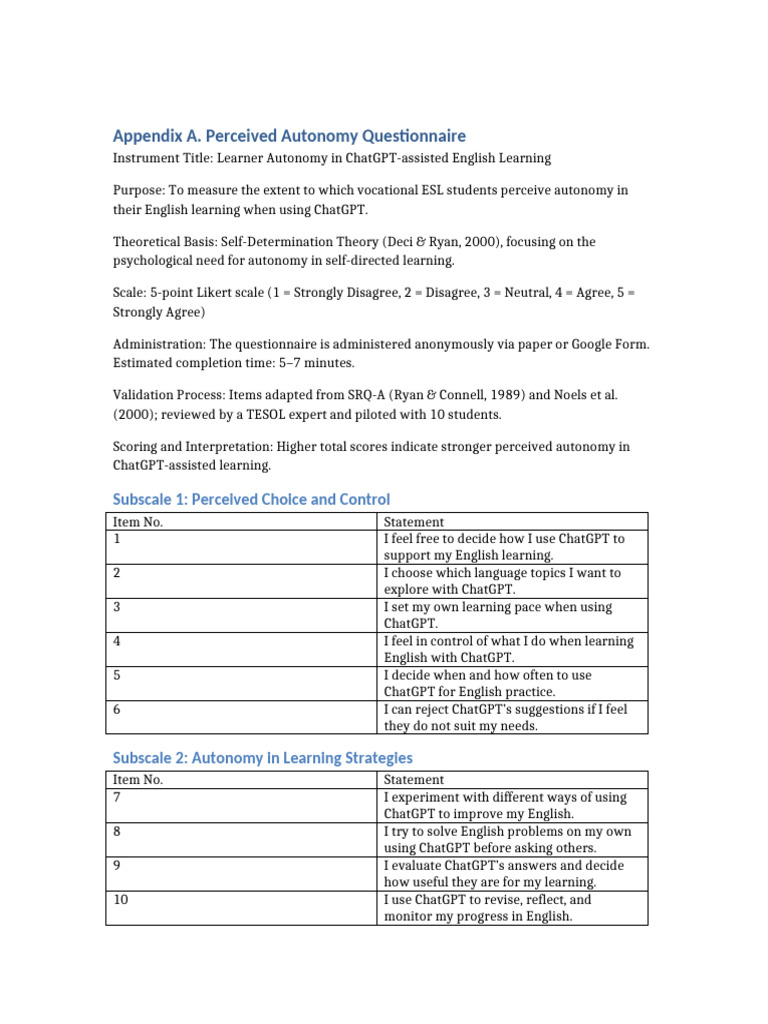 Appendix A Perceived Autonomy Questionnaire | PDF | Learning | English ...