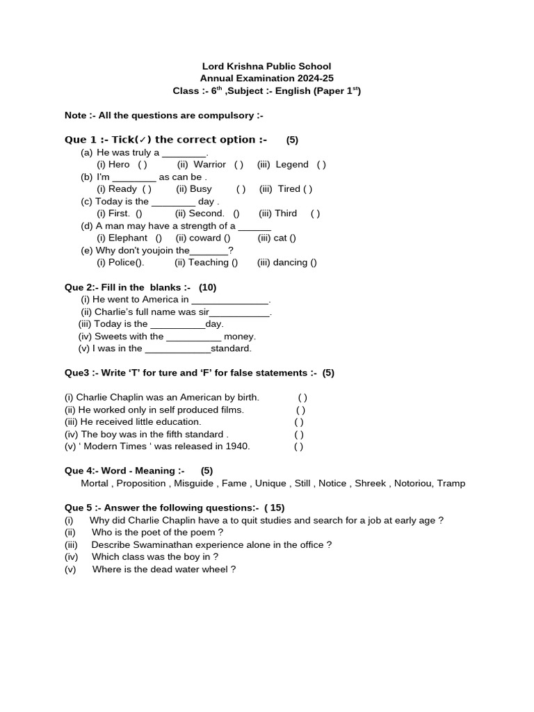 6th English Paper | PDF