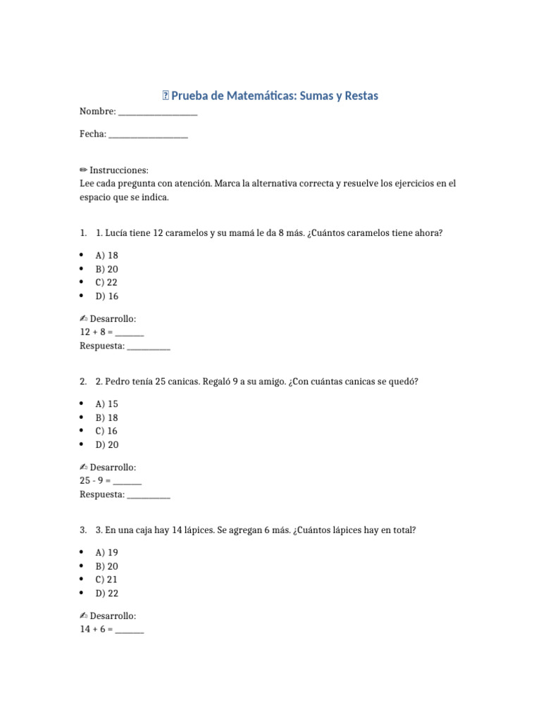 Prueba Sumas Restas 7 Anios | PDF