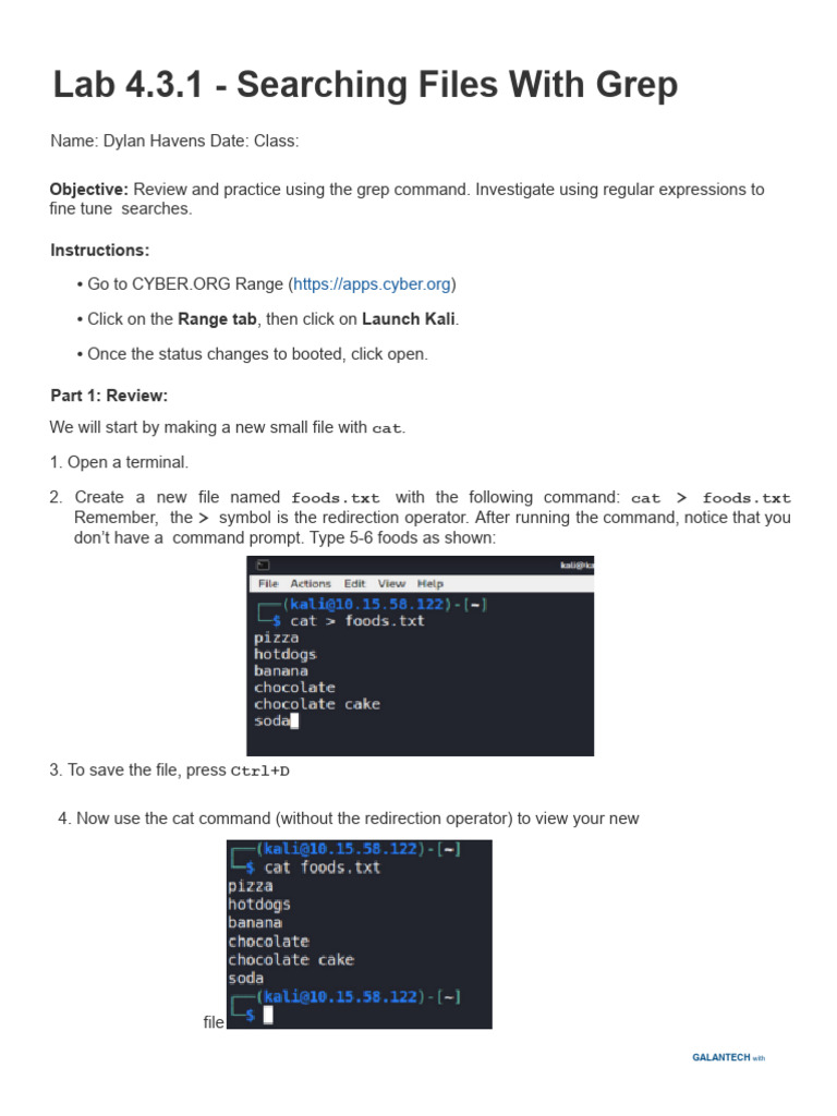 Dylan Havens - Lab 4.3.1 - Searching Files With Grep | PDF | Regular Expression | Text File