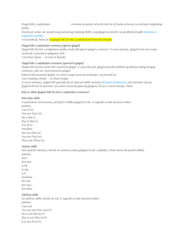 Glagol Biti U Sadašnjem Vremenu | PDF