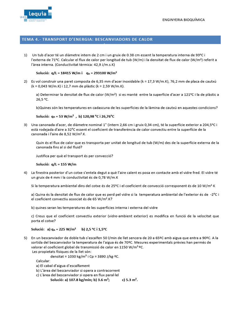Problemes - EB TEMA 4 - Transpost Energia - Bescanviadors de Calor | PDF