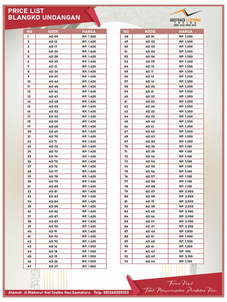 Price List Undangan | PDF