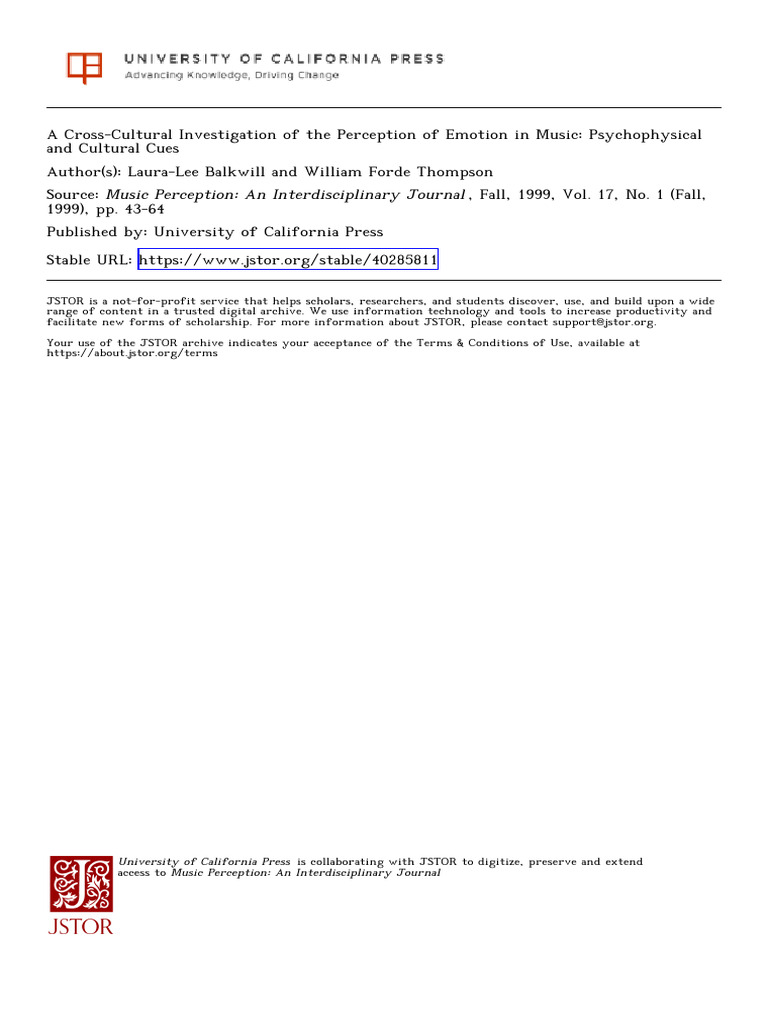Balkwill CrossCulturalInvestigationPerception 1999 | PDF | Emotions ...