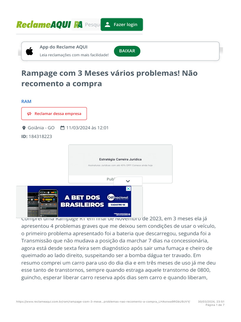 Rampage Com 3 Meses Vários Problemas! Não Recomento A Compra - RAM - Reclame Aqu | PDF | Veículo ...