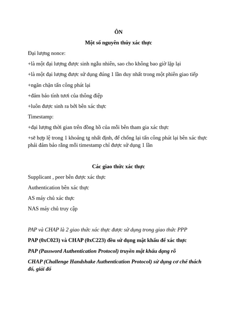 ÔN Một số nguyên thủy xác thực: PAP và CHAP là 2 giao thức xác thực được sử dụng trong giao thức ...