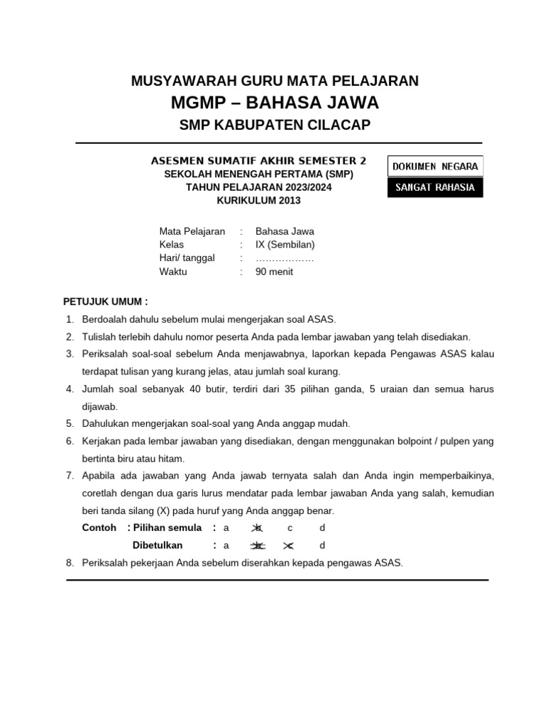 Soal ASAS 2_B.Jawa_Kelas 9_2024 | PDF