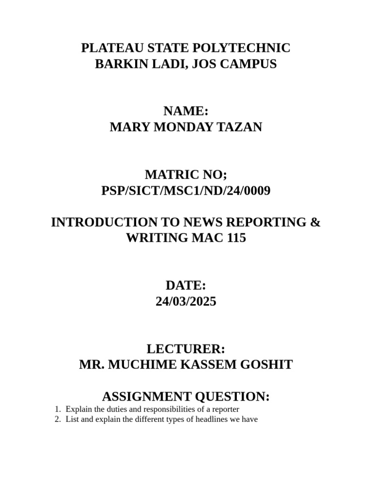 PLATEAU STATE POLYTECHNIC Mary Assignment | PDF | News | Communication