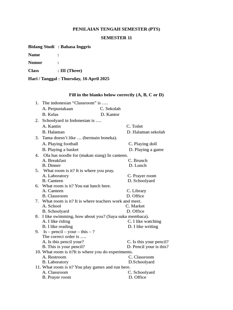 Soal PTS Bahasa Inggris Kelas 3 Kurmer | PDF | Meal | Cuisine