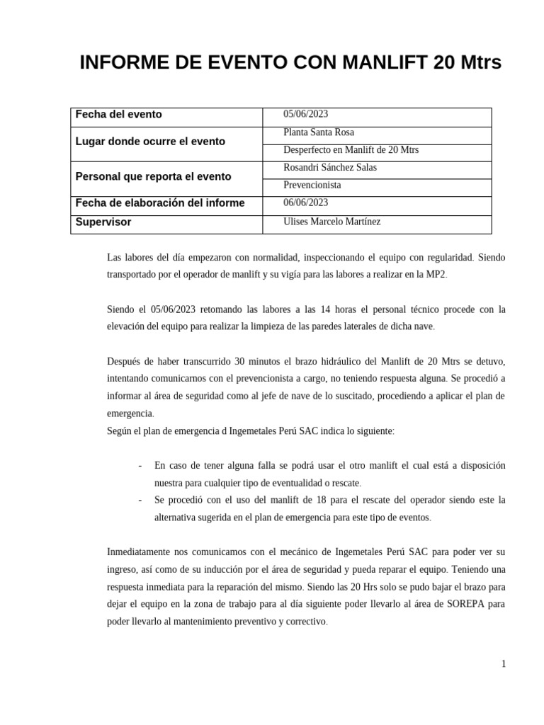 Informe de Evento - Manlift | PDF