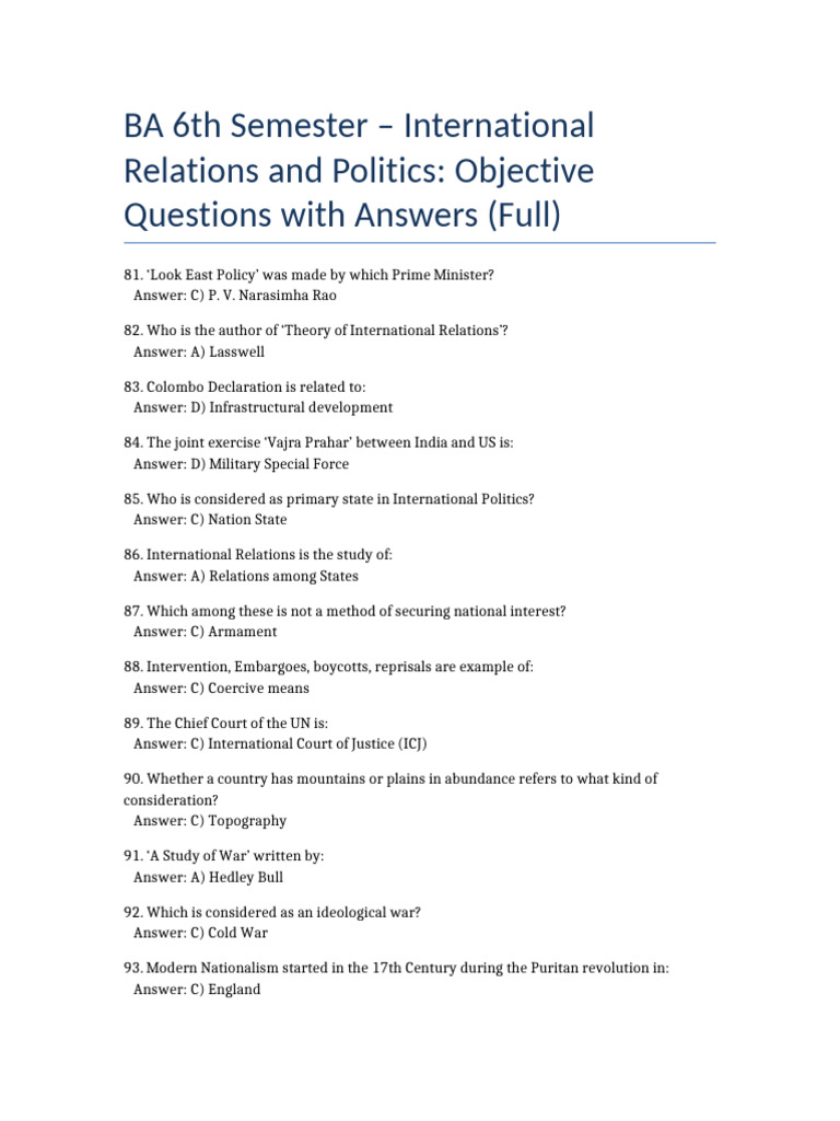 BA 6th Semester IR Objective QA Q81 To Q100 | PDF