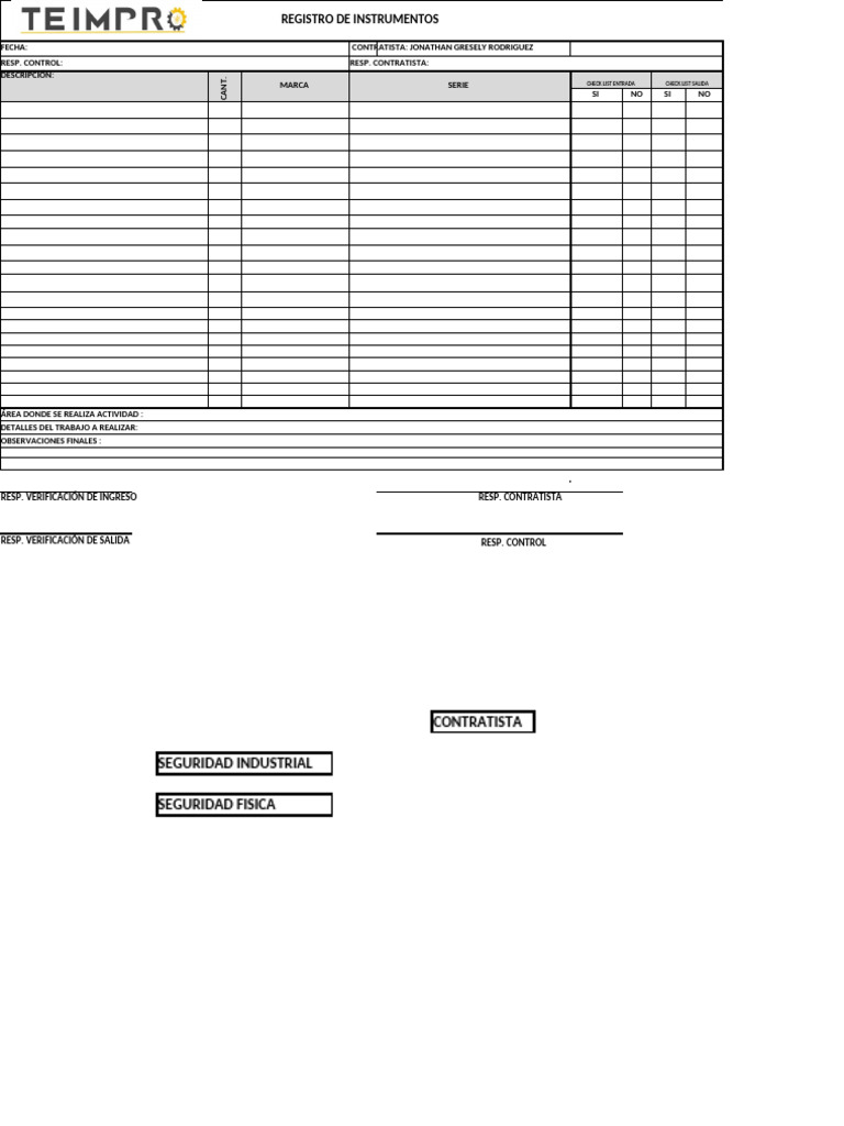 Formato Registro Herramientas PROMARISCO | PDF
