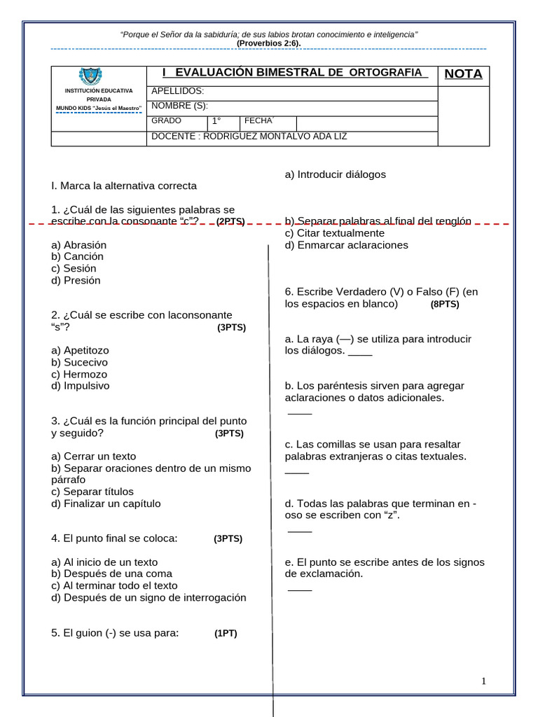 Examen de Ortografia 1° Grado | PDF | Lingüística | Texto
